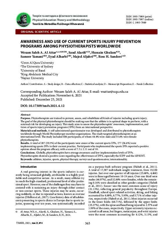 (PDF) Awareness and Use of Current Sports Injury Prevention Programs ...