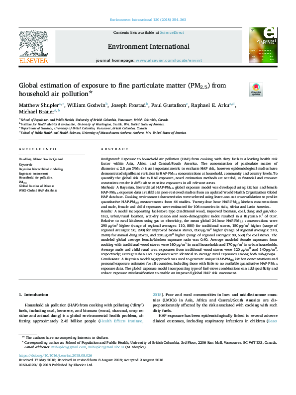 Pdf Global Estimation Of Exposure To Fine Particulate Matter Pm2 5 From Household Air Pollution
