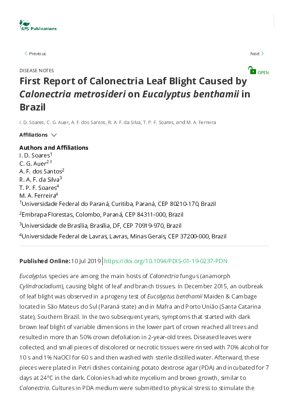 (PDF) First Report of Calonectria Leaf Blight Caused by Calonectria ...