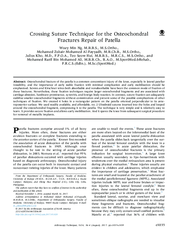 (PDF) Crossing Suture Technique for the Osteochondral Fractures Repair ...