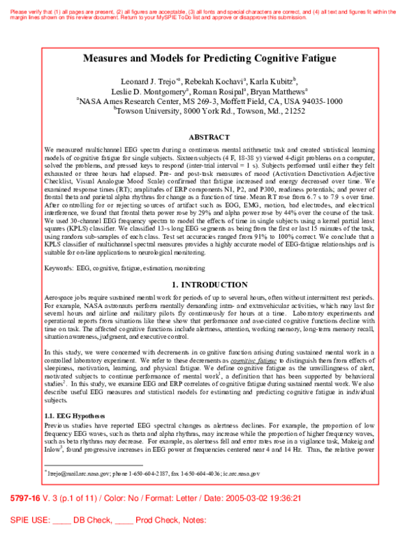 (PDF) Measures and models for predicting cognitive fatigue