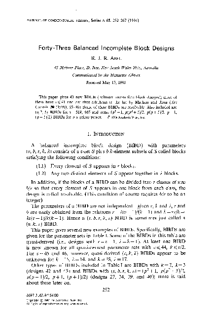 (PDF) Forty-three balanced incomplete block designs