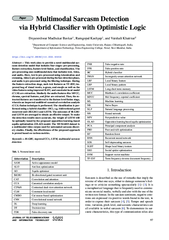 Pdf Multimodal Sarcasm Detection Via Hybrid Classifier With Optimistic Logic