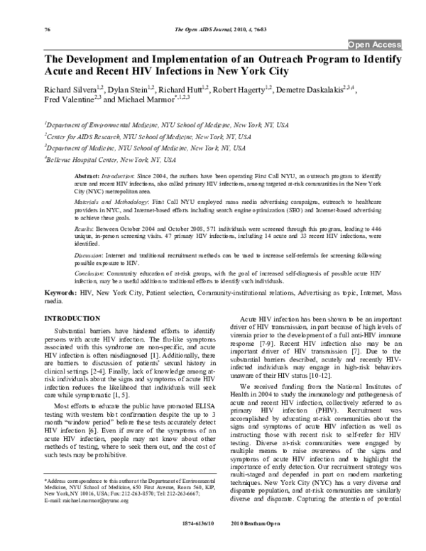 (PDF) The Development and Implementation of an Outreach Program to Identify Acute and Recent HIV ...