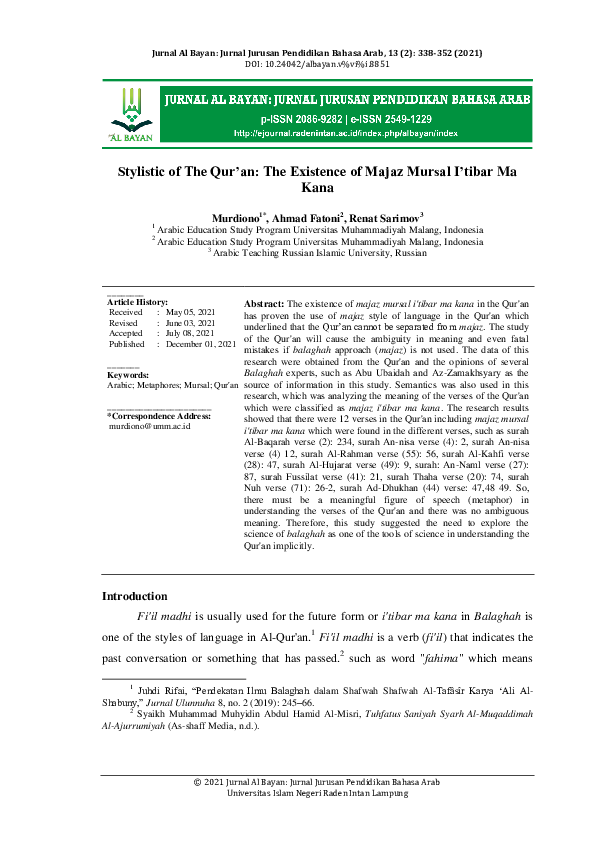 (PDF) Stylistic of The Qur’an: The Existence of Majaz Mursal I’tibar Ma ...