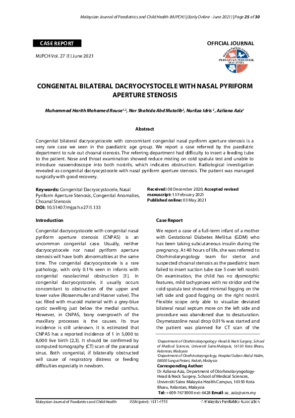 (PDF) Congenital Bilateral Dacryocystocele with Nasal Pyriform Aperture ...
