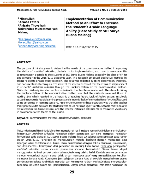 (PDF) Implementation of Communicative Method as an Effort to Increase the Student’s Arabic ...