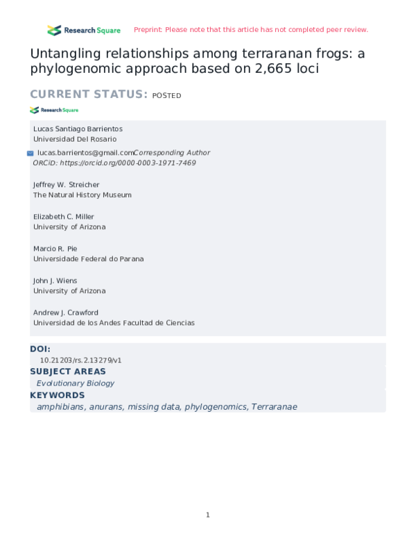 (PDF) Untangling relationships among terraranan frogs: a phylogenomic approach based on 2,665 loci