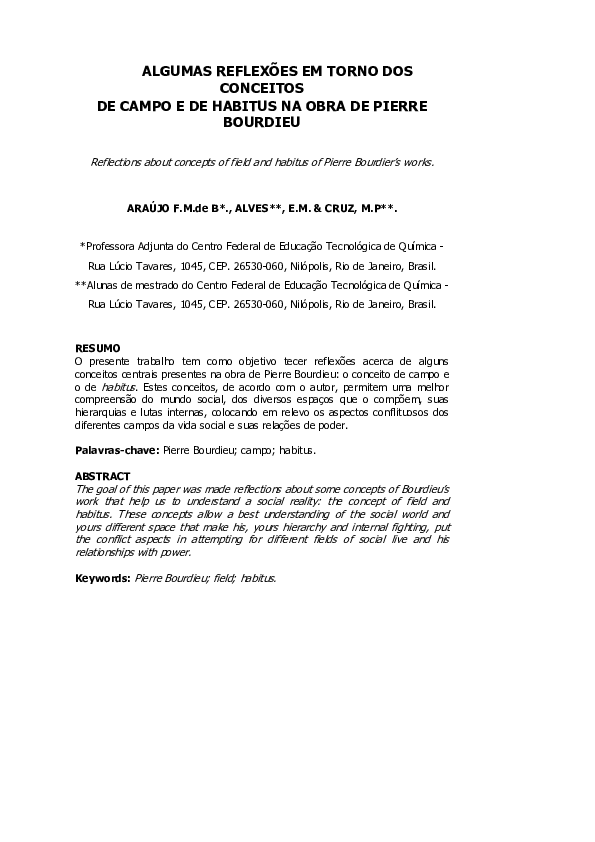 (PDF) Algumas reflexões em torno dos conceitos de campo e de habitus na ...