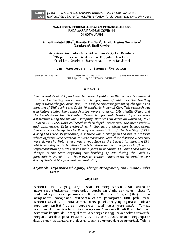 (PDF) Manajemen Perubahan dalam Penanganan Dbd pada Masa Pandemi Covid-19 di Kota Jambi