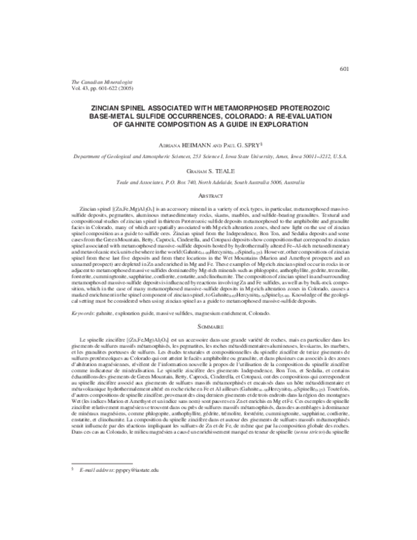 Zincian Spinel Associated with Metamorphosed Proterozoic Base-Metal ...