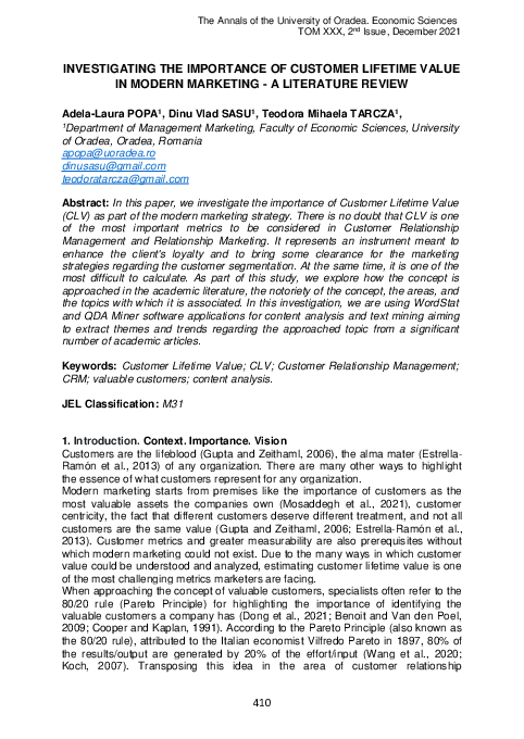 (PDF) Investigating the Importance of Customer Lifetime Value in Modern Marketing – a Literature ...