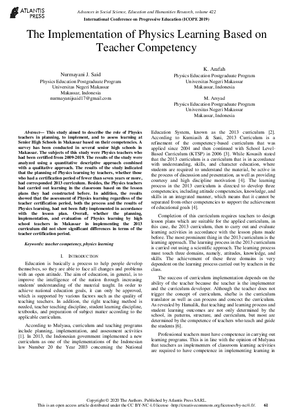 (PDF) The Implementation of Physics Learning Based on Teacher Competency