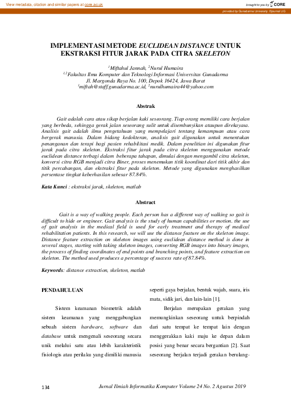 (PDF) Implementasi Metode Euclidean Distance Untuk Ekstraksi Fitur Jarak Pada Citra Skeleton