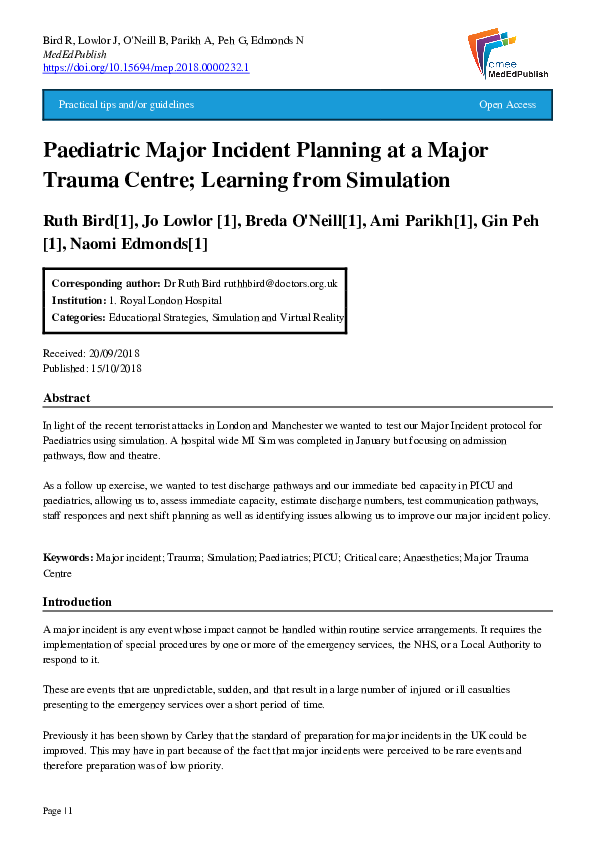 (PDF) Paediatric Major Incident Planning at a Major Trauma Centre ...