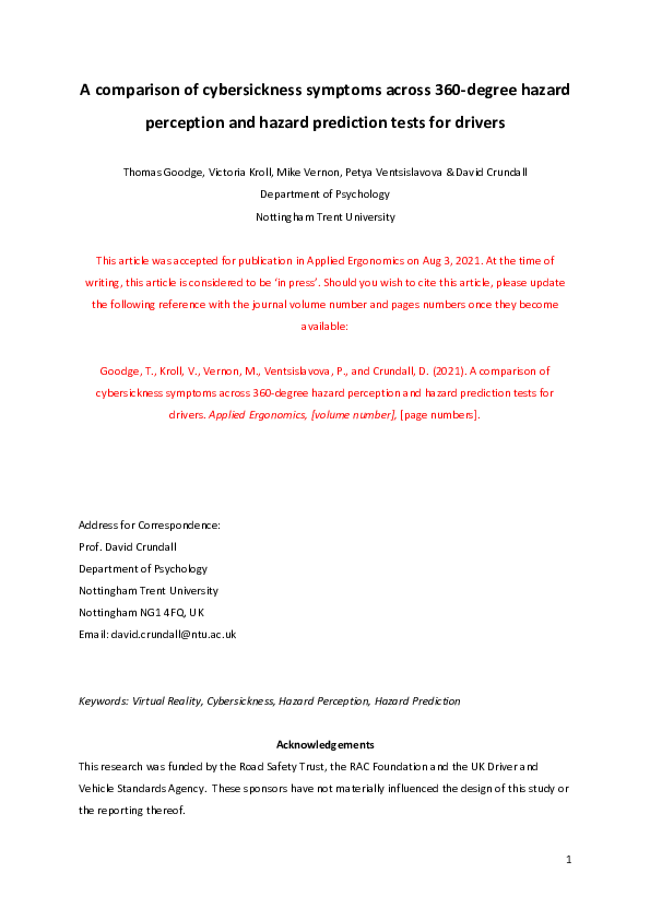 (PDF) A comparison of cybersickness symptoms across 360-degree hazard ...