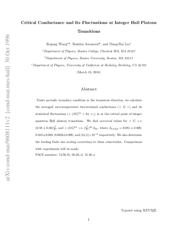 (PDF) Critical Conductance and Its Fluctuations at Integer Hall Plateau ...