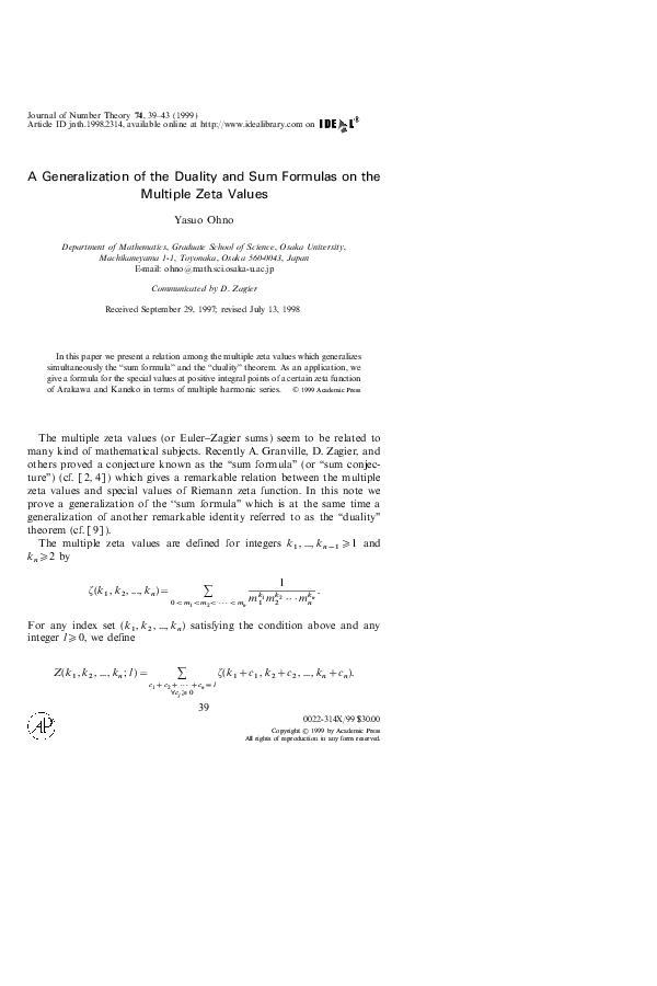 (PDF) A Generalization of the Duality and Sum Formulas on the Multiple Zeta Values