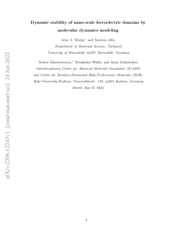 (PDF) Dynamic stability of nano-scale ferroelectric domains by molecular dynamics modeling