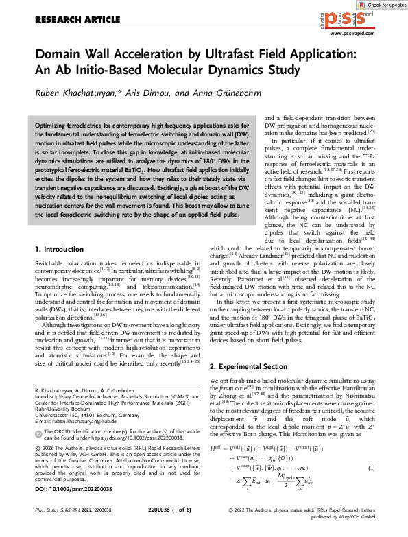 (PDF) Domain Wall Acceleration by Ultrafast Field Application: An Ab Initio‐Based Molecular ...