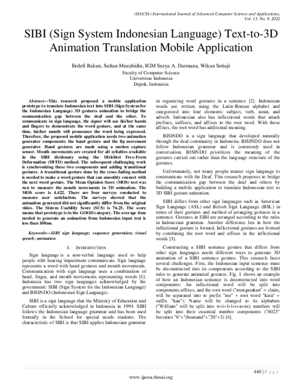(PDF) SIBI (Sign System Indonesian Language) Text-to-3D Animation Translation Mobile Application