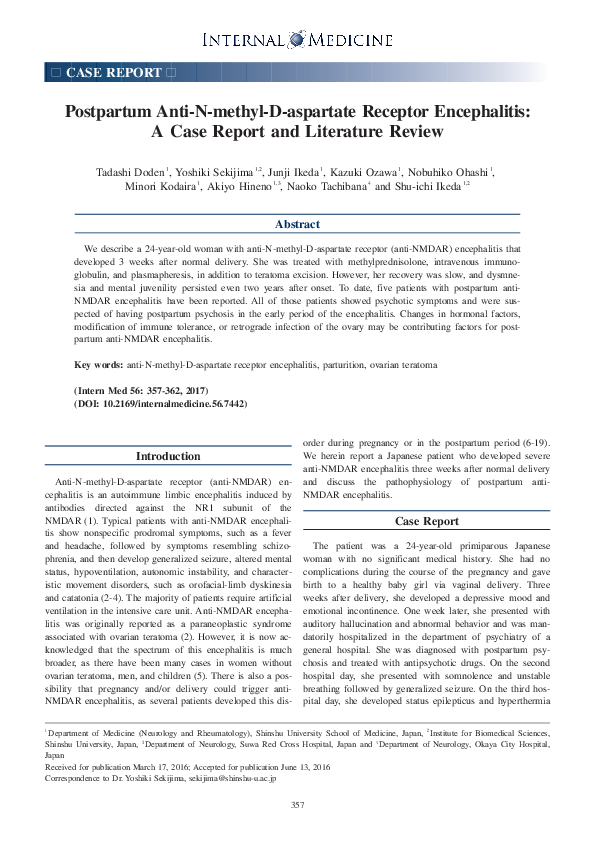 Pdf Postpartum Anti N Methyl D Aspartate Receptor Encephalitis A Case Report And Literature