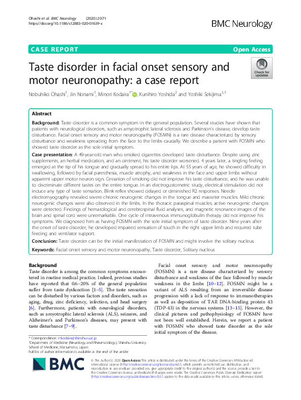 (PDF) Taste disorder in facial onset sensory and motor neuronopathy: a ...