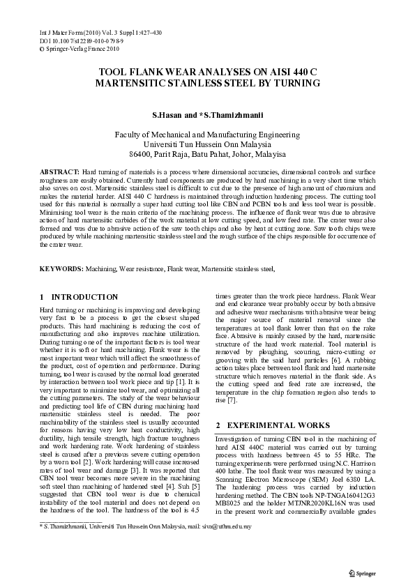 Pdf Tool Flank Wear Analyses On Aisi 440 C Martensitic Stainless Steel By Turning