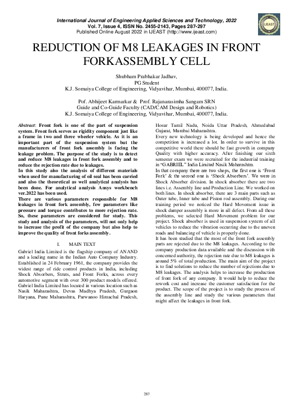 (PDF) Reduction of M8 Leakages in Front Forkassembly Cell