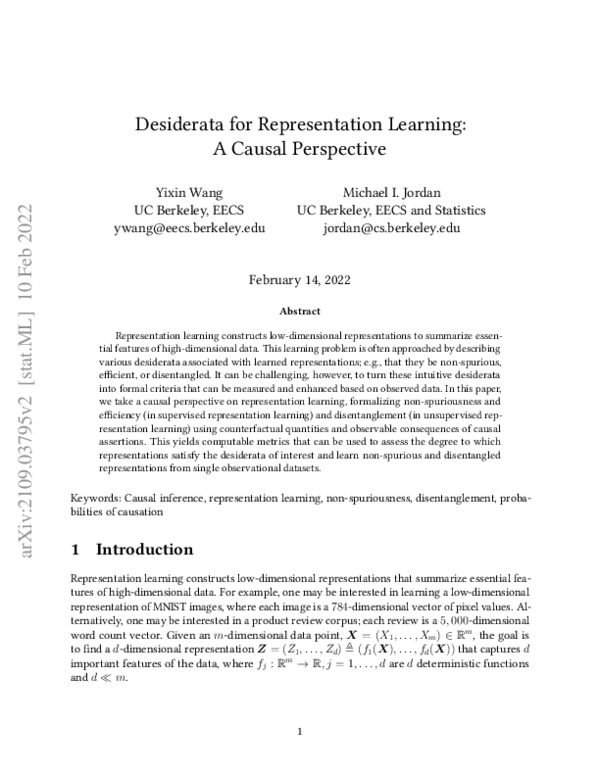 (PDF) Desiderata for Representation Learning: A Causal Perspective