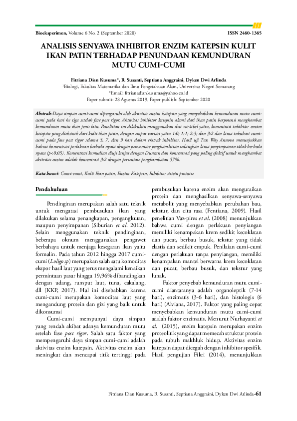 Pdf Analisis Senyawa Inhibitor Enzim Katepsin Kulit Ikan Patin Terhadap Penundaan Kemunduran