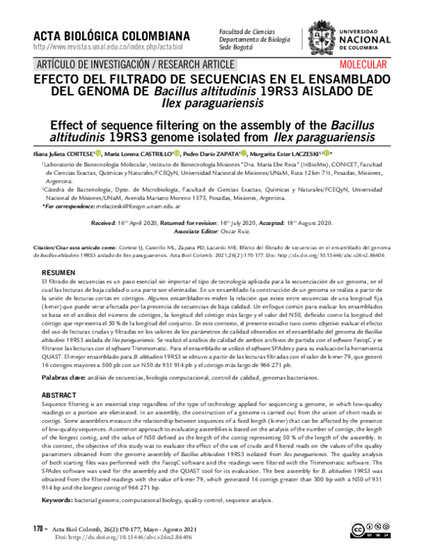 (PDF) EFECTO DEL FILTRADO DE SECUENCIAS EN EL ENSAMBLADO DEL GENOMA DE ...