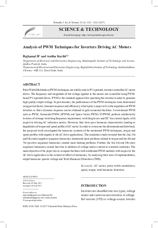 (PDF) SCIENCE & TECHNOLOGY Analysis of PWM Techniques for Inverters Driving AC Motors