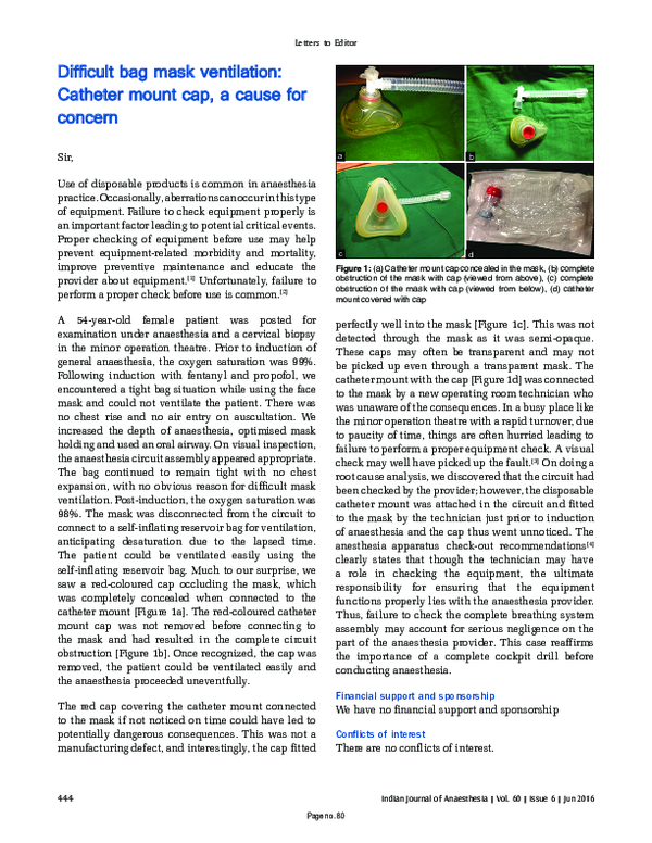 (PDF) Difficult bag mask ventilation: Catheter mount cap, a cause for ...