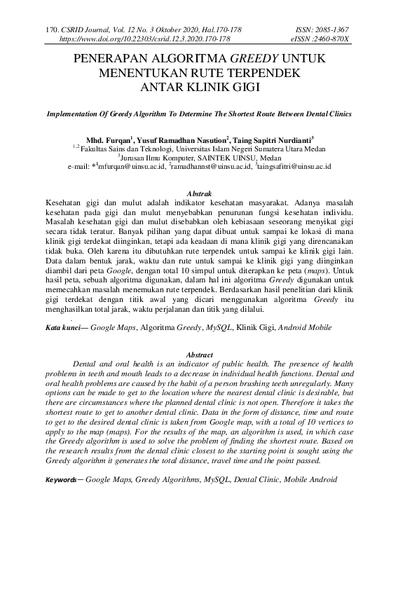 (PDF) Penerapan Algoritma Greedy Untuk Menentukan Rute Terpendek Antar Klinik Gigi