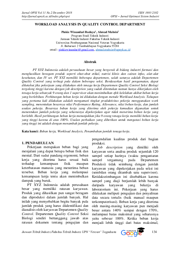 (PDF) Workload Analysis in Quality Control Department