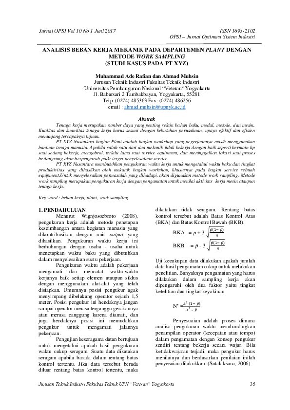 (PDF) Analisis Beban Kerja Mekanik Pada Departemen Plant Dengan Metode ...