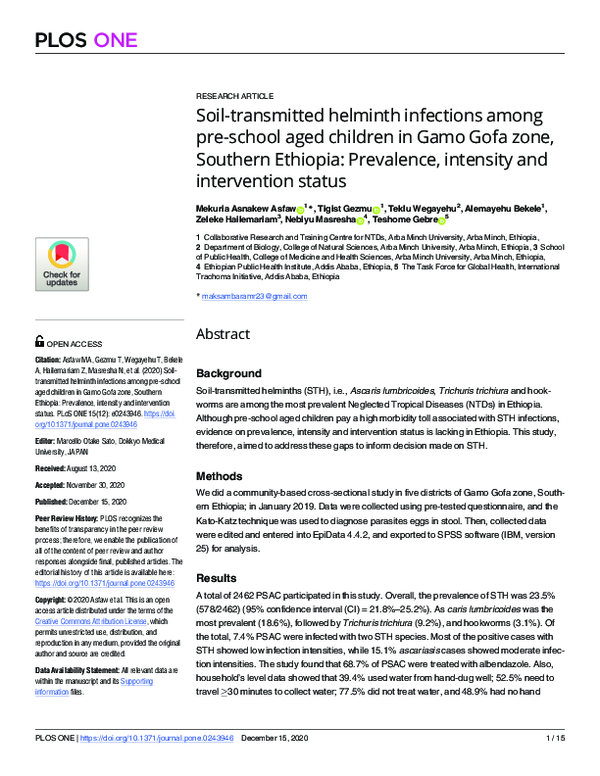 (PDF) Soil-transmitted helminth infections among pre-school aged children in Gamo Gofa zone ...