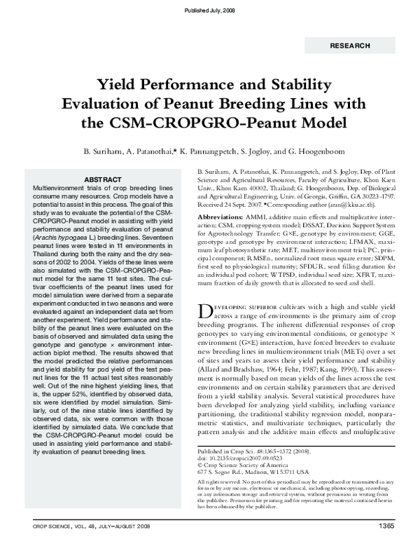 (PDF) Yield Performance and Stability Evaluation of Peanut Breeding ...