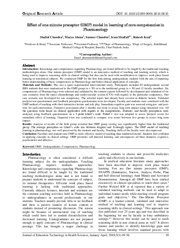 (PDF) Effect of one minute preceptor (OMP) model in learning of core competencies in Pharmacology