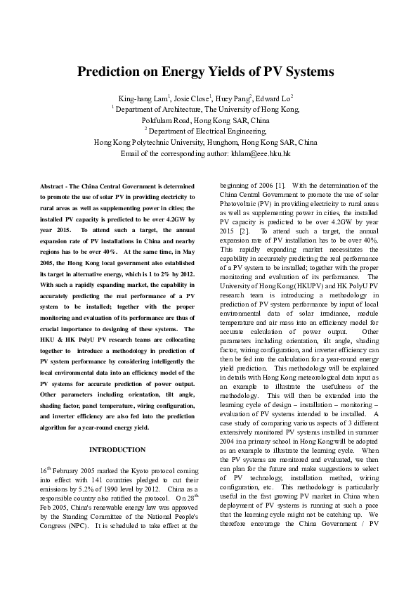 (PDF) Prediction on energy yields of PV systems