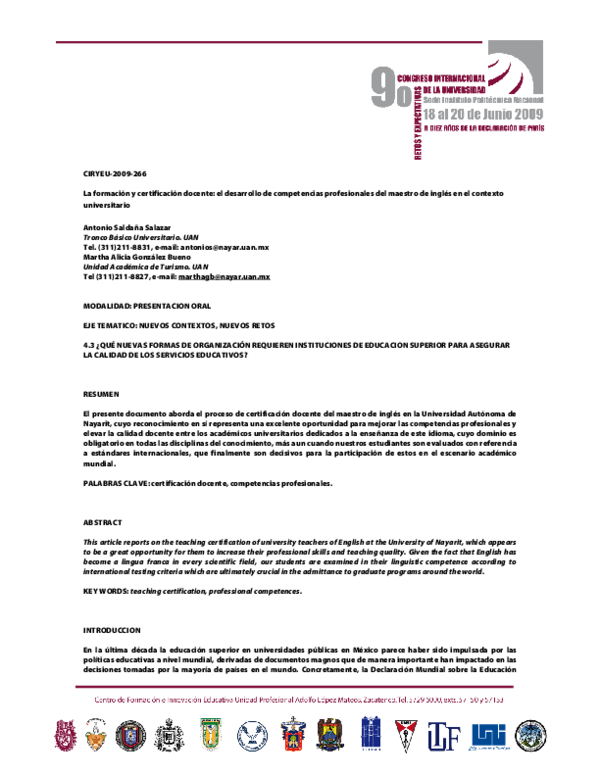 (PDF) La Formación y Certificación Docente: El Desarrollo de Competencias Profesionales del ...