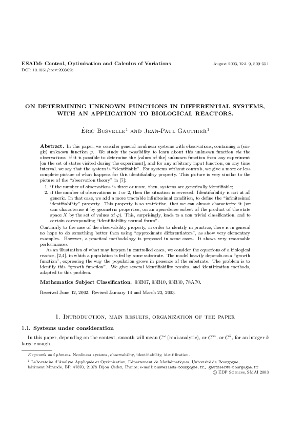 (PDF) On determining unknown functions in differential systems, with an application to ...