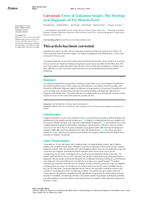 (PDF) Fever of Unknown Origin: The Workup and Diagnosis of Pel-Ebstein ...