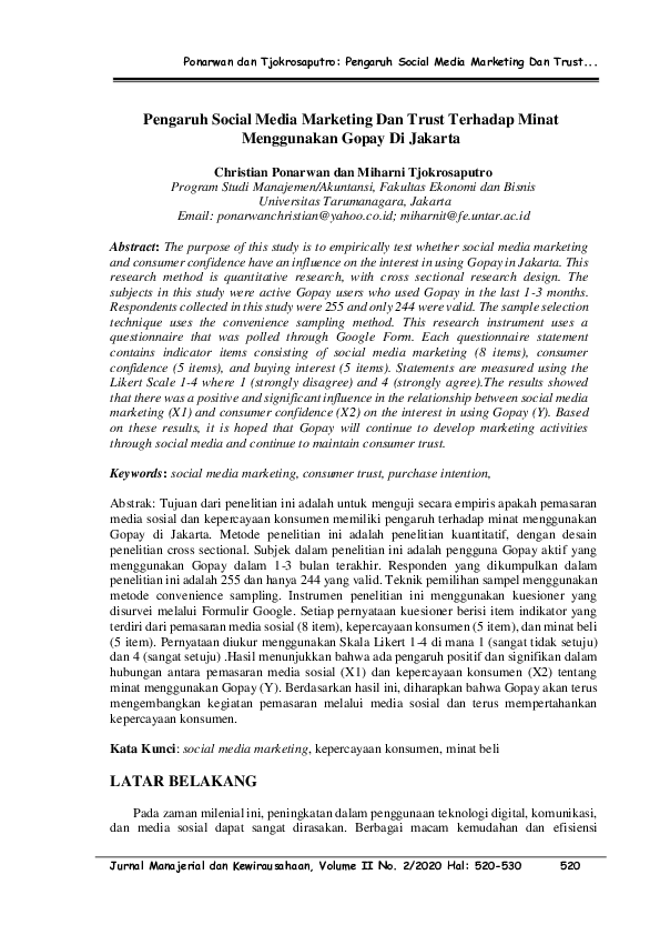 (PDF) Pengaruh Social Media Marketing Dan Trust Terhadap Minat Menggunakan Gopay Di Jakarta