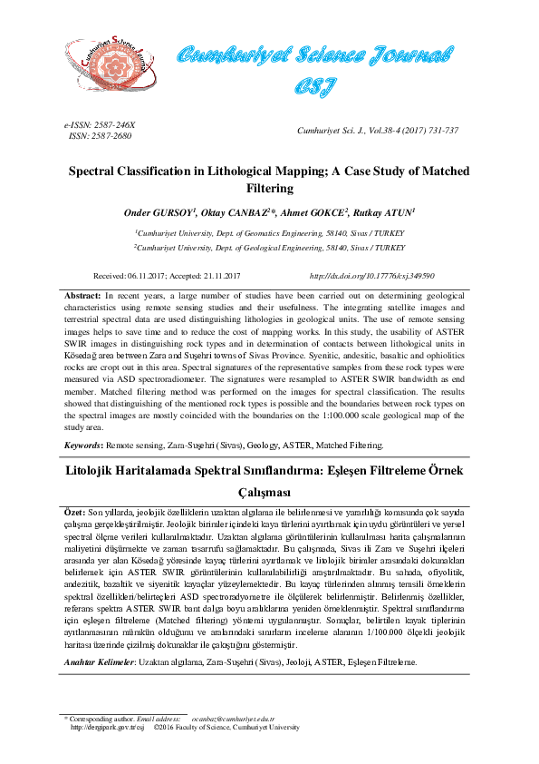 (PDF) Spectral Classification in Lithological Mapping; A Case Study of Matched Filtering