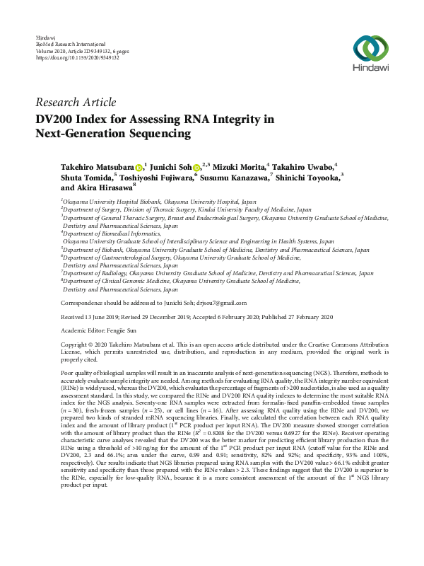 (PDF) DV200 Index for Assessing RNA Integrity in Next-Generation Sequencing