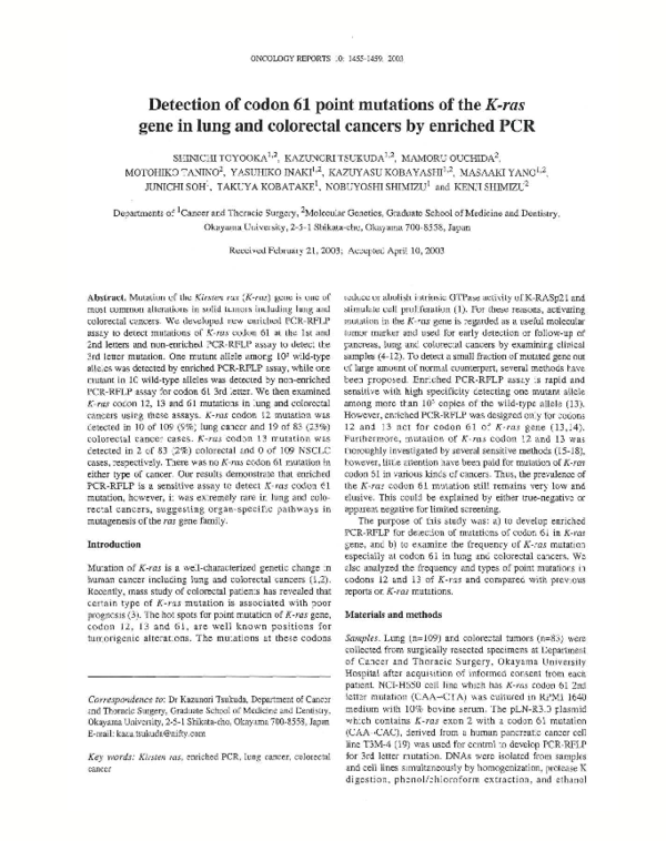 Pdf Detection Of Codon 61 Point Mutations Of The K Ras Gene In Lung And Colorectal Cancers By