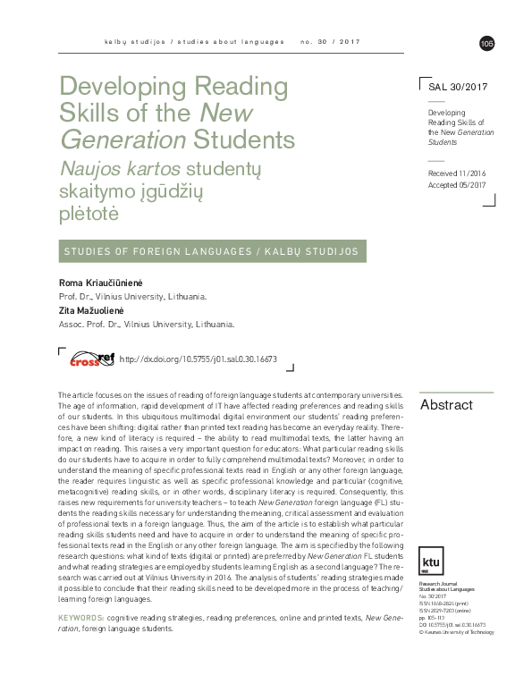 (PDF) Developing reading skills of the New Generation students