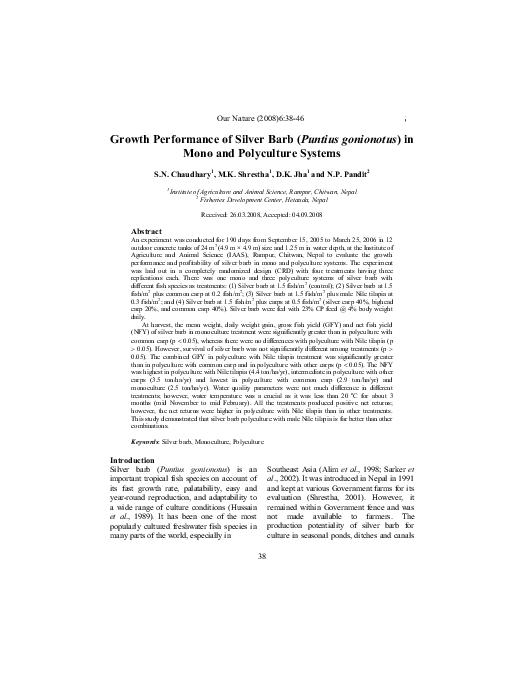 (PDF) Growth Performance of Silver Barb (Puntius gonionotus) in Mono ...